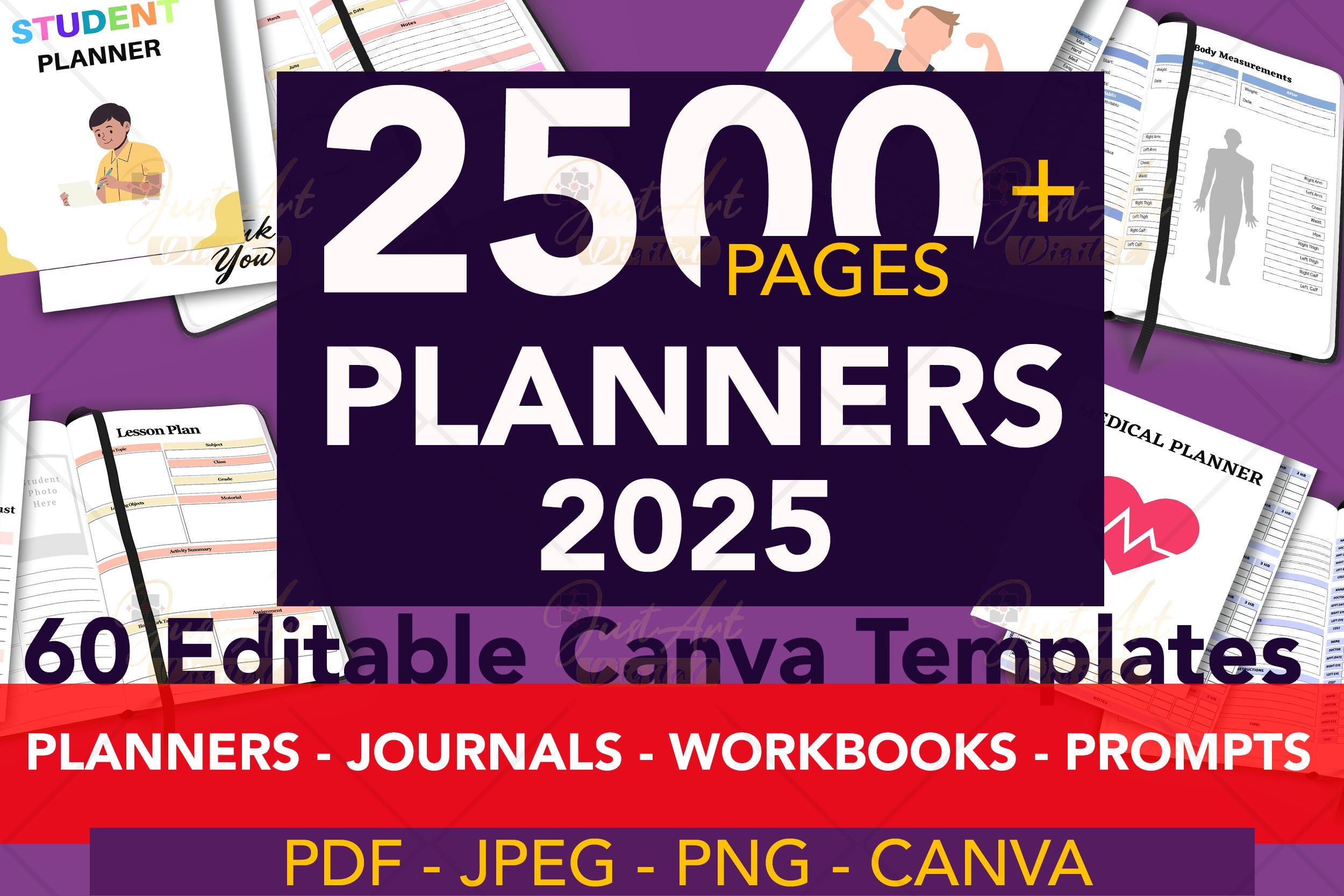 2025 Digital Planner Bundle, 60 Editable Canva Templates Planners ...