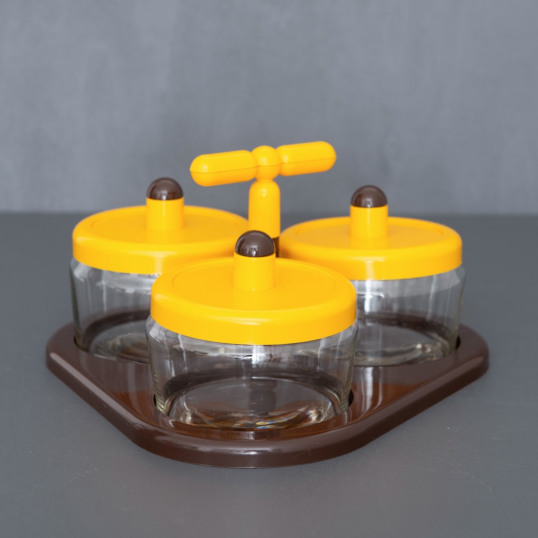 1970s Vintage Condiment Caddy Set With Three Glass Jars on Plastic Tray ...
