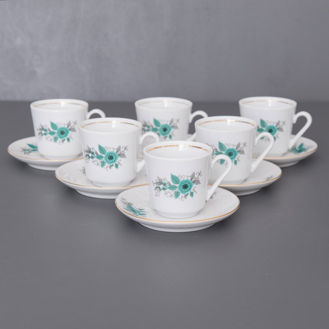 Vintage Kahla Demitasse Cups & Saucers: Teal Floral Espresso Set - Etsy