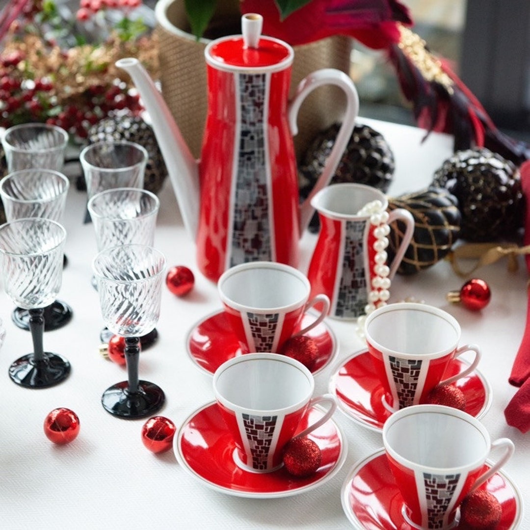 Freiberger Porzellan Tea Set. Vintage Porcelain Coffee Set From Freiberg, Germany, 1960s. Red ...