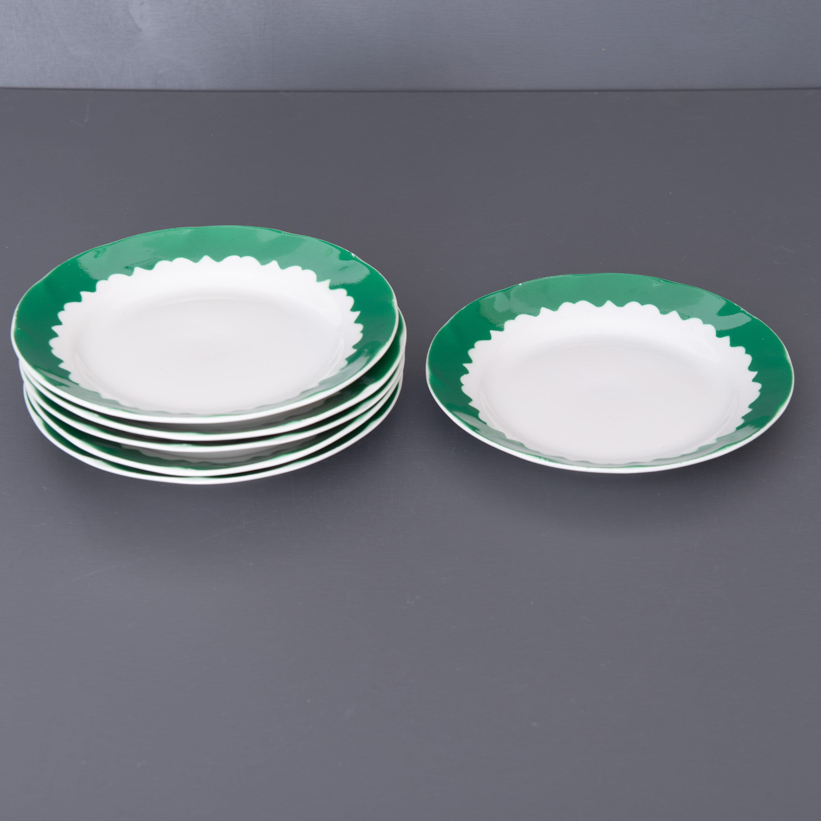 6 Riga Retro Side Plates. Small Porcelain Plates With Forest Green Rim ...