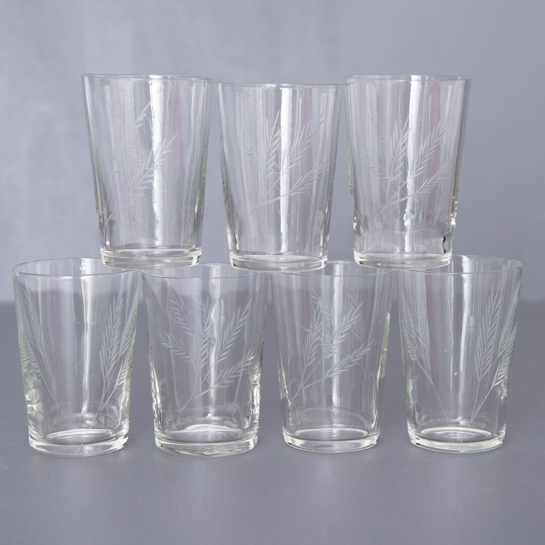 7 Small Vintage Drinking Glasses With Etched Rye Plant Pattern. Soviet ...