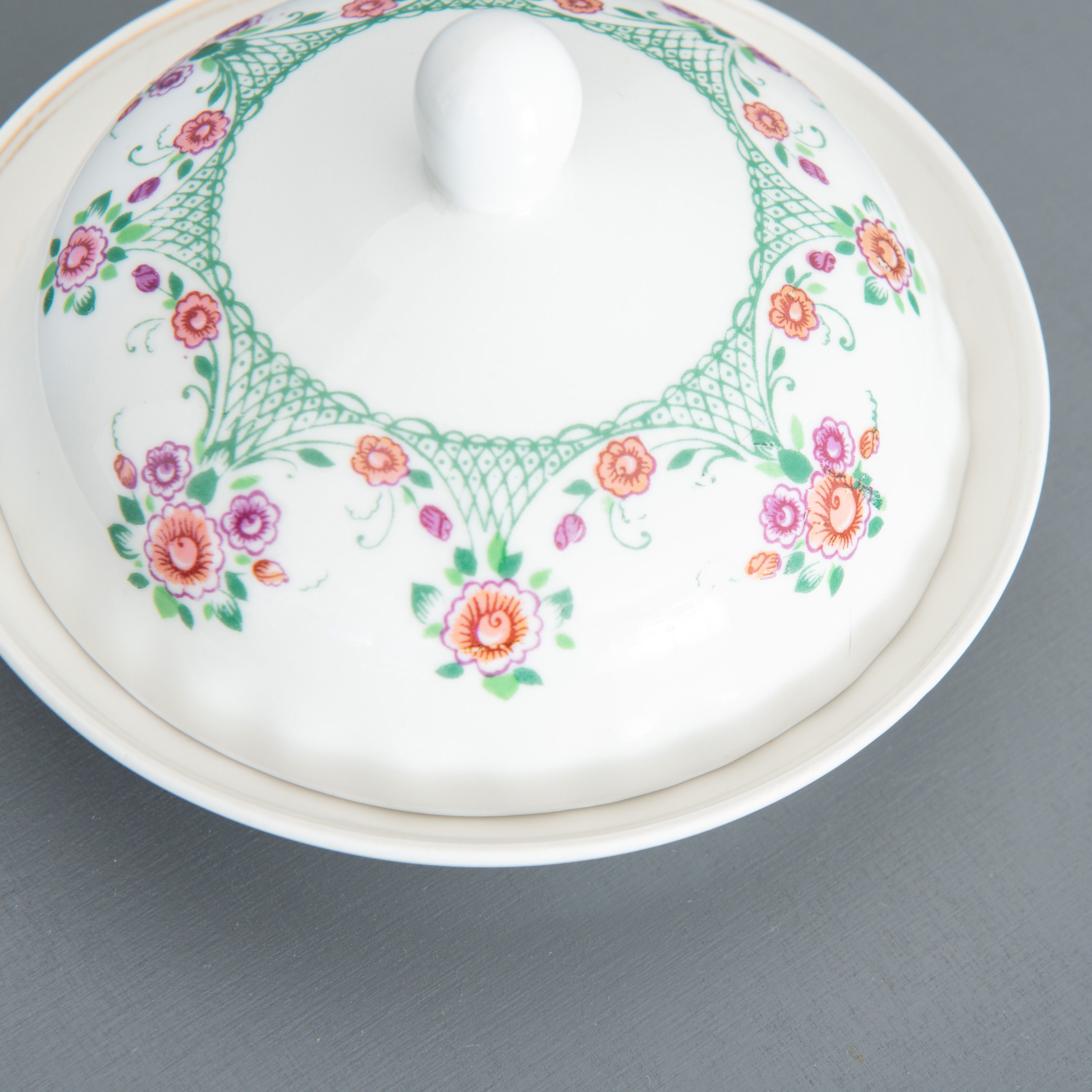 Vintage Porcelain Butter Dish From Baranivka, Round Lidded Ceramic Butter Dish With Floral ...