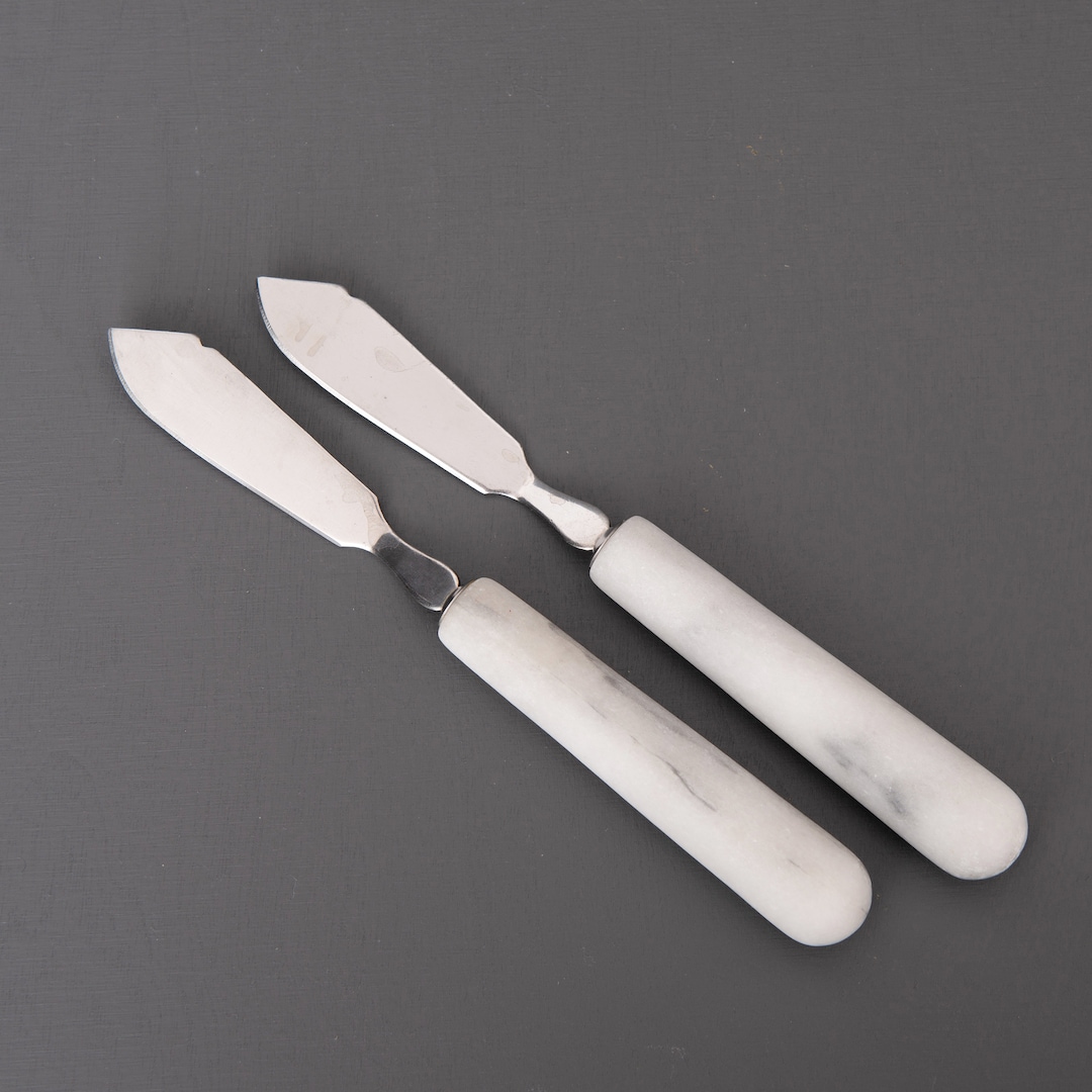 2 Fish Knives With Marble Handle, Vintage Fish Cutlery, Marble Cutlery ...