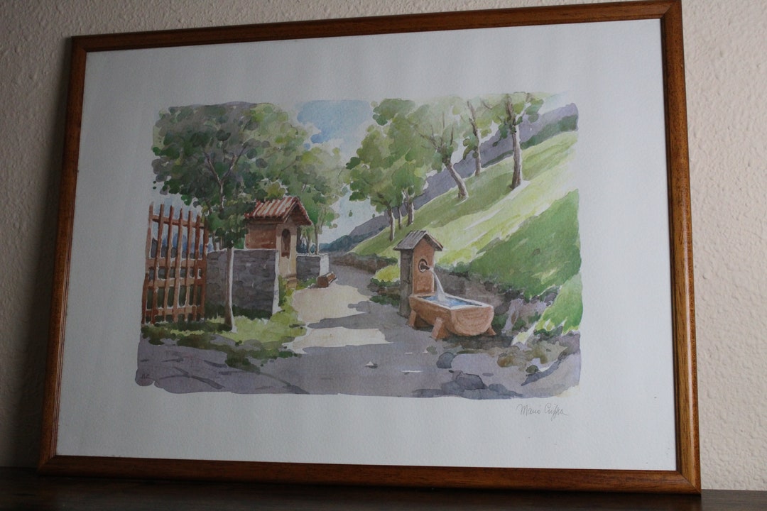 Large Watercolor Mario Cuppa Italian Painter. Mountain Trail With Water ...