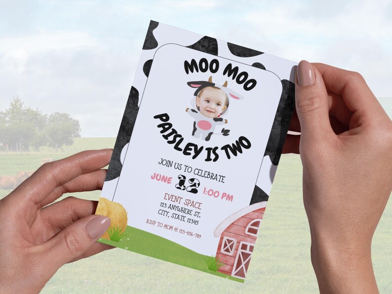 Moo Moo Two Cow Birthday Invitation Customizable Photo Frame Instant ...
