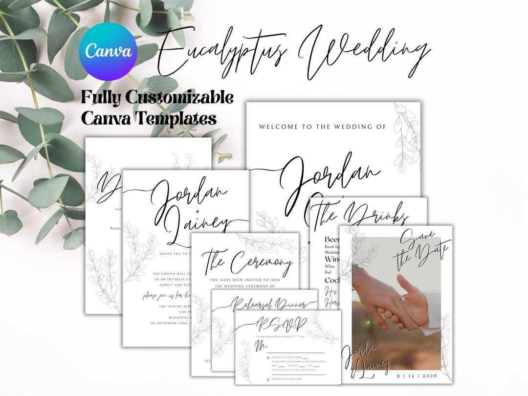 Eucalyptus Wedding Invitation Template Bundle - Customizable Canva ...