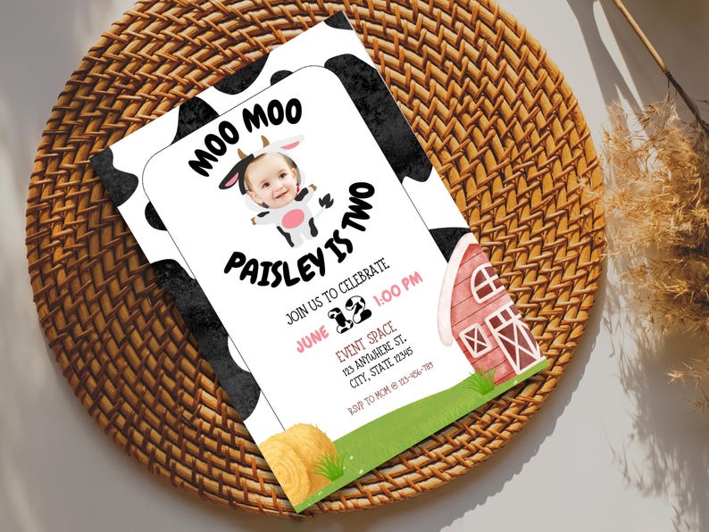 Moo Moo Two Cow Birthday Invitation Customizable Photo Frame Instant ...