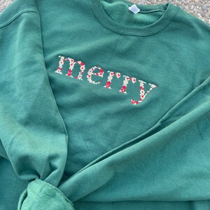 Floral Embroidered 'merry' Green Crewneck Sweatshirt - Etsy