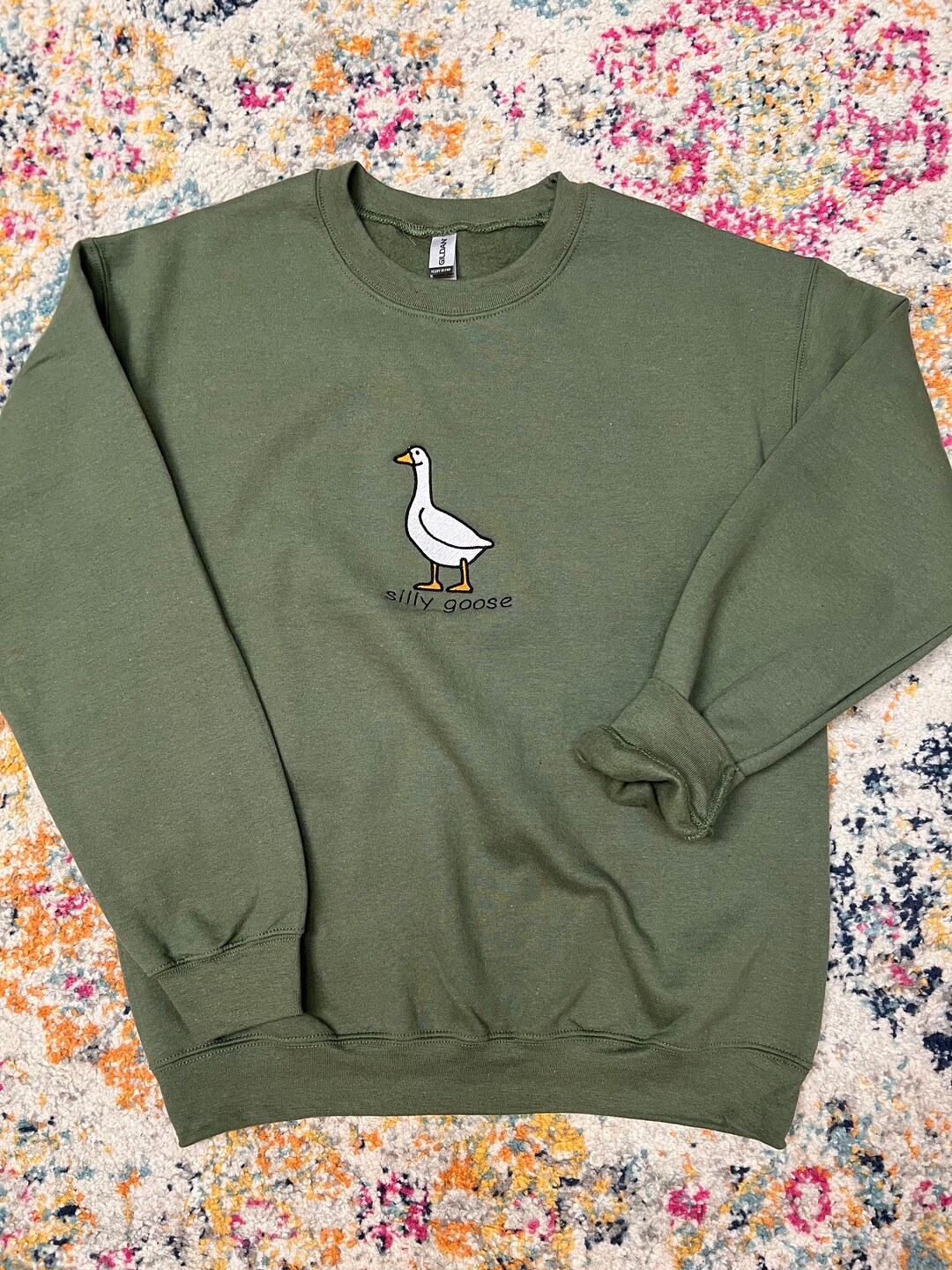 Military Green Embroidered Silly Goose Crewneck - Etsy