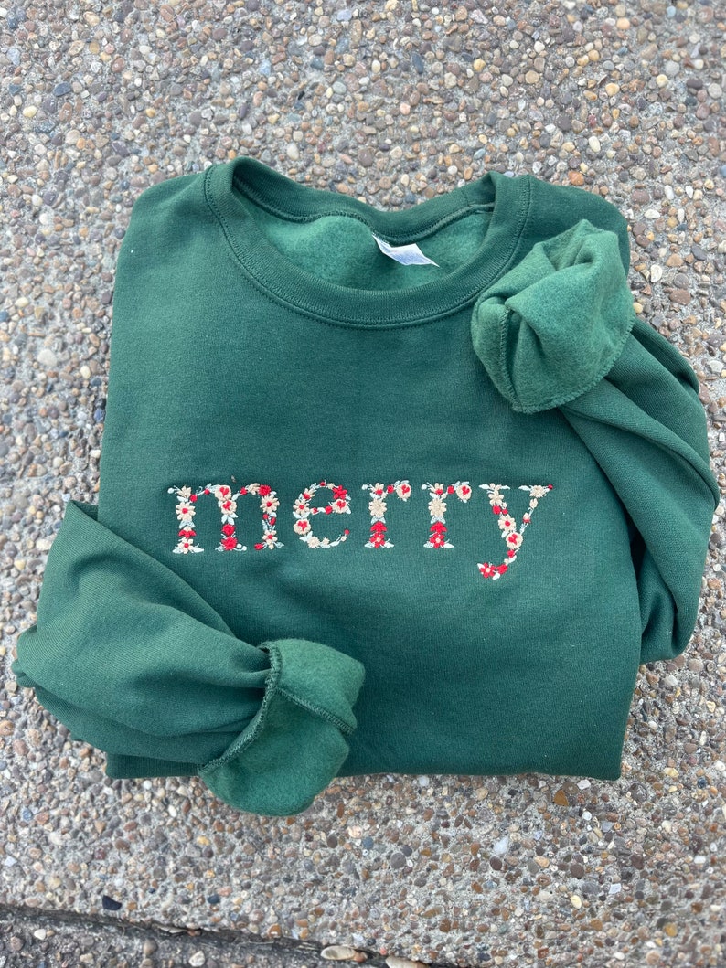Floral Embroidered 'merry' Green Crewneck Sweatshirt - Etsy
