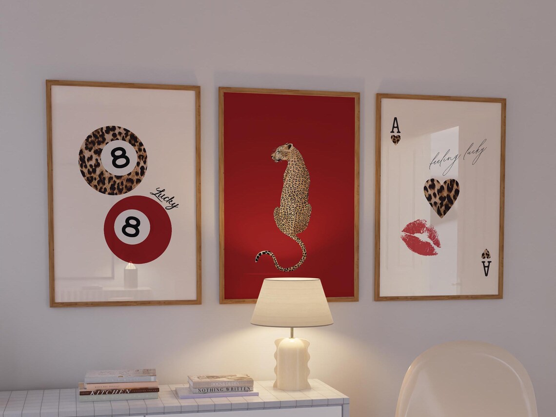 Set of 3 Red Vintage Prints Leopard Cheetah Print 8 Ball Lucky Trendy ...