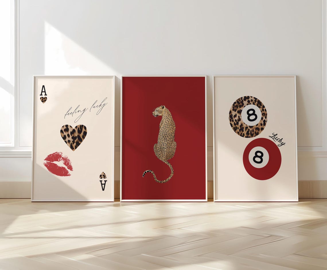 Set of 3 Red Vintage Prints Leopard Cheetah Print 8 Ball Lucky Trendy ...