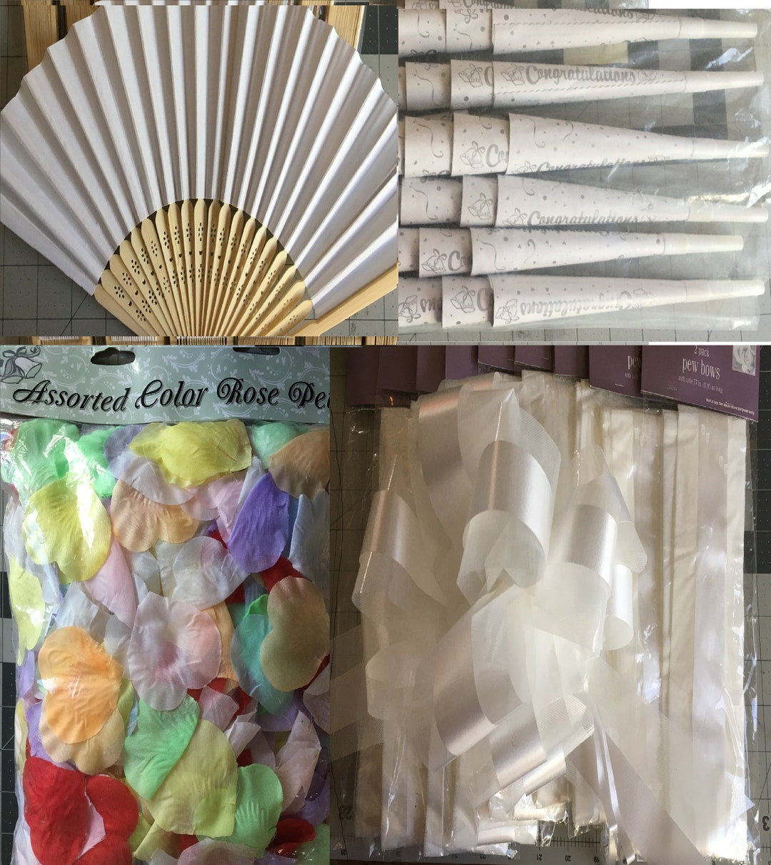 White Fold Out Fans, Pew Bows, Noise Horns, and Multi Color Petals for ...
