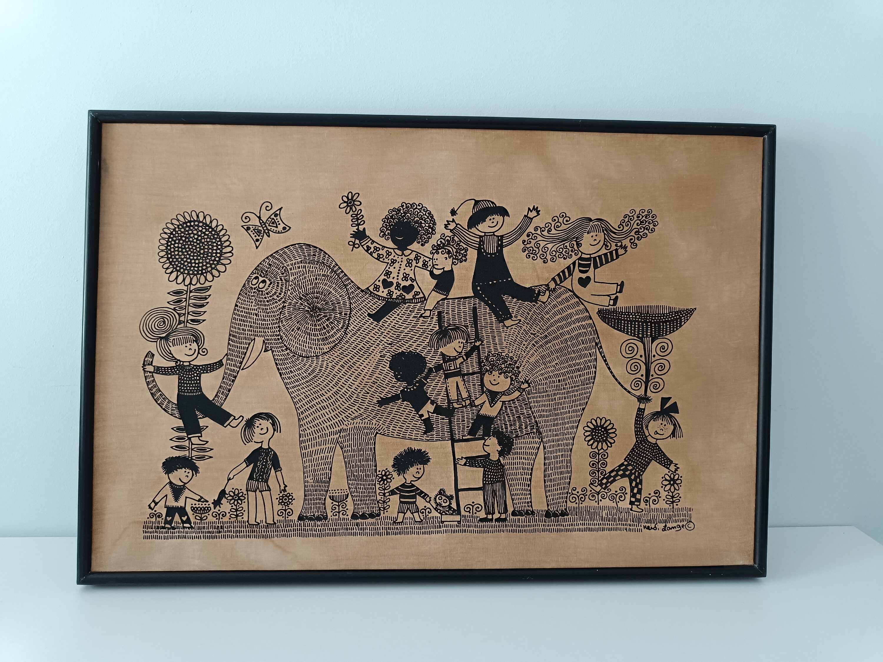 Heidi Lange Batik Picture, Children With Elephant, Vintage 1980s East ...
