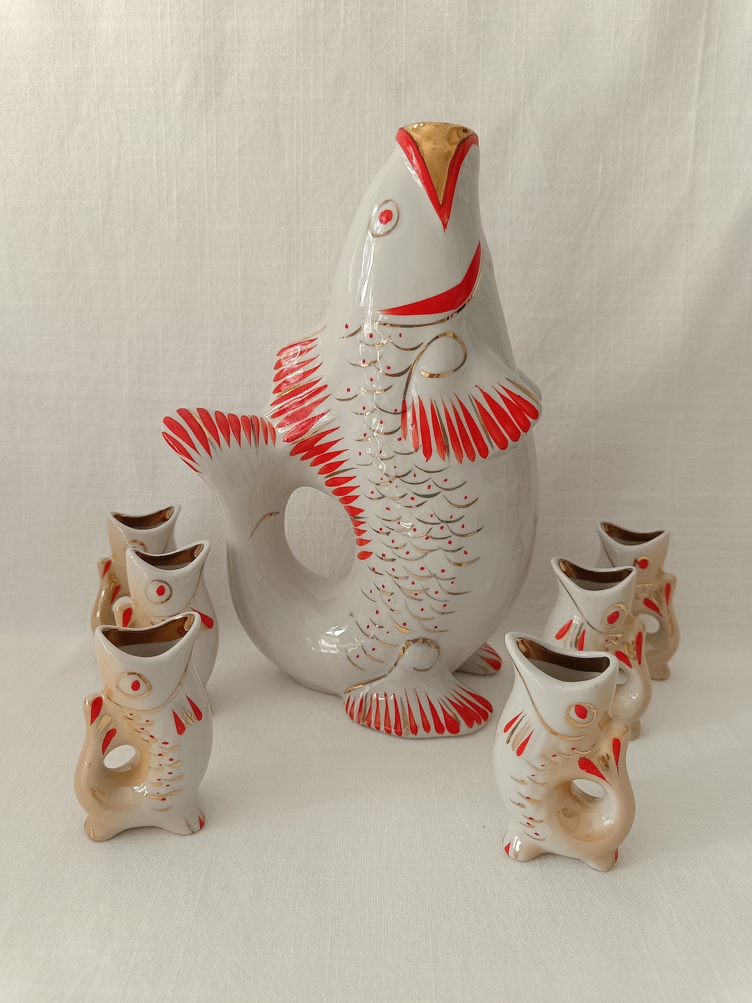 Soviet Porcelain Fish Carafe With 6 Shot Glasses, USSR 1970s Liqueur ...