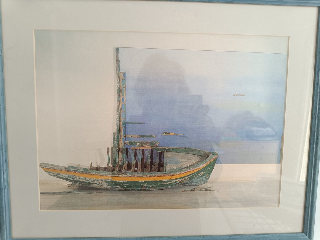 Fantastic Print With Shipwrecked Boat, Greek Boat Print With Blue Wood ...