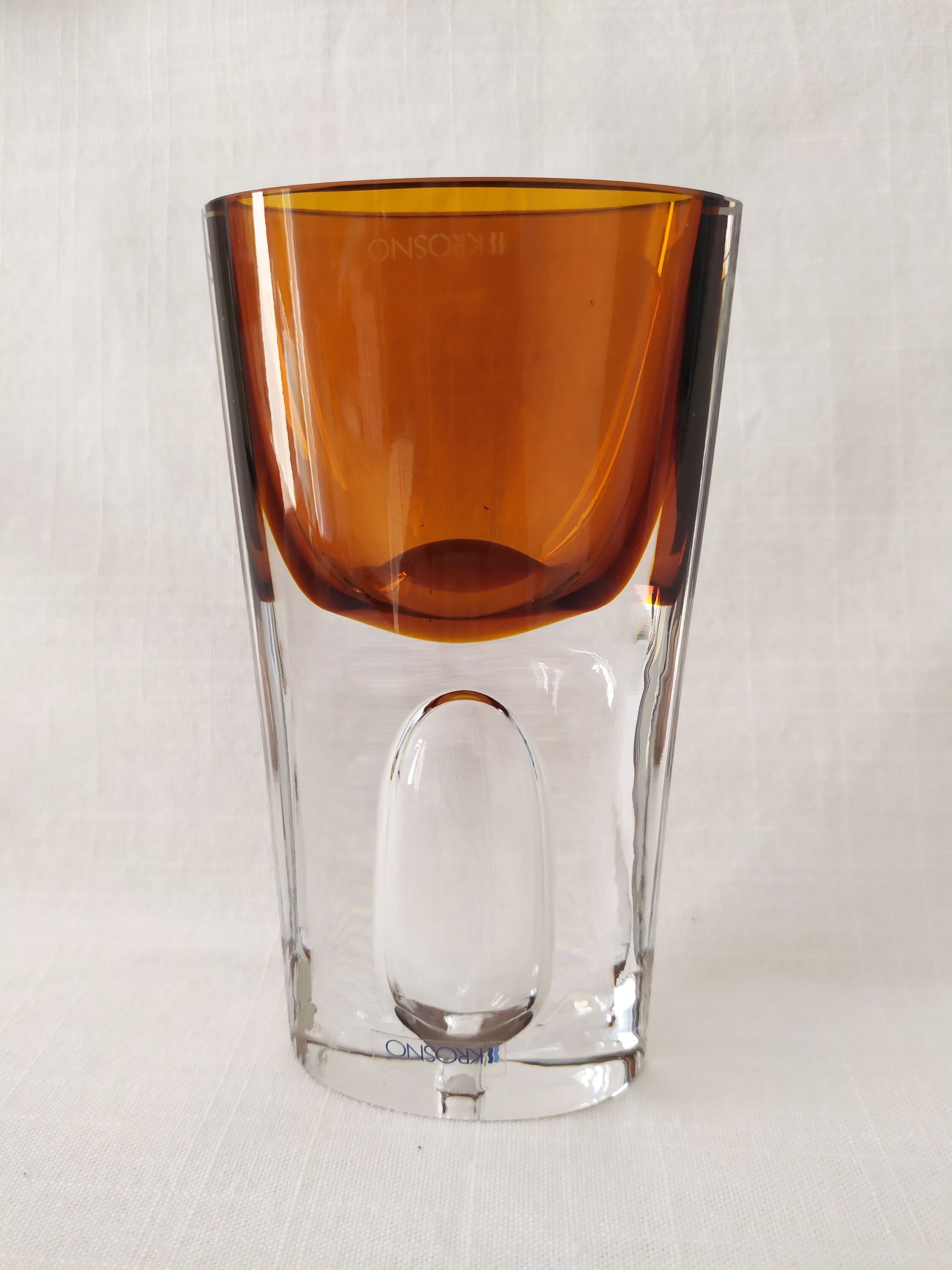 Vintage 1980s Handmade Crystal Vase, Krosno Poland Dark Amber & Clear ...