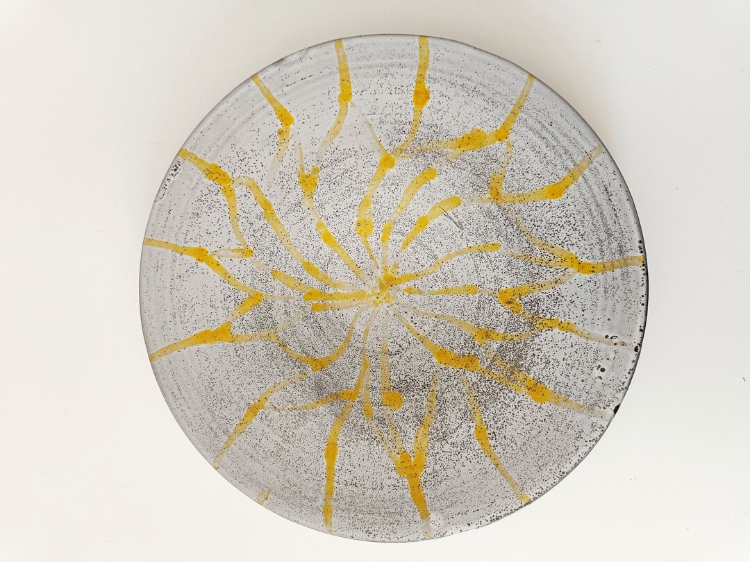 Large Ceramic Plate Vintage 1970s Handmade Gray and Yellow - Etsy