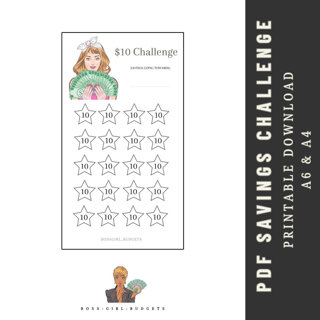 Ten Dollar Savings Challenge | Printable A6 and A4 | PDF Download ...
