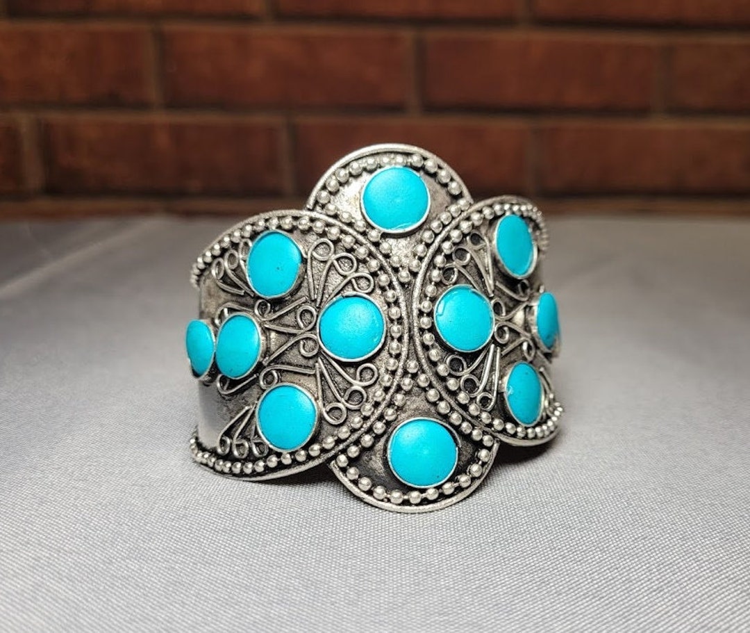 Silver Alloy Metal With Blue Dyed Stones, Cuff Bangle Bracelet - Etsy