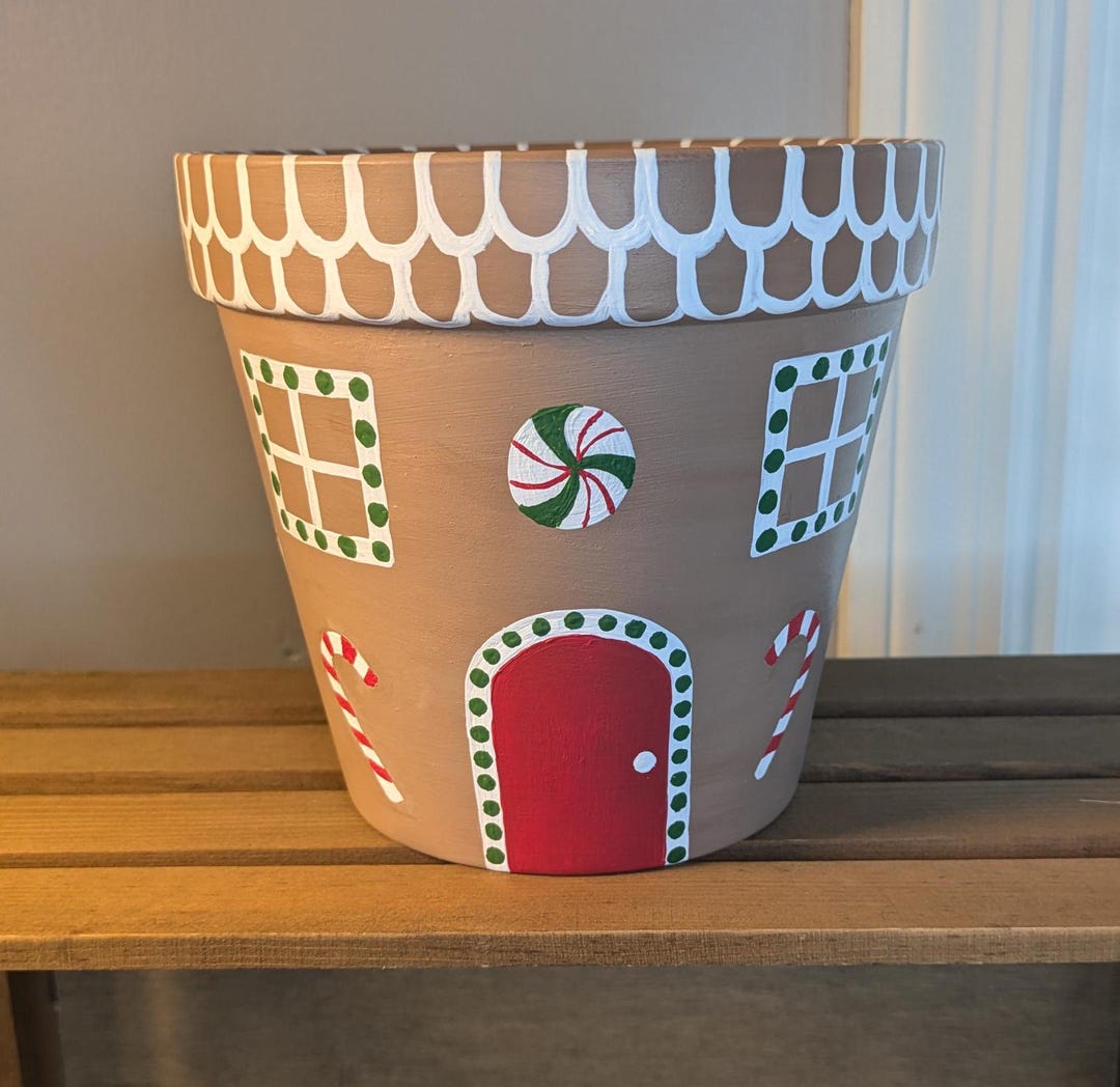 Hand Painted, 6 Inch Light Brown Gingerbread House Flower Pot With ...