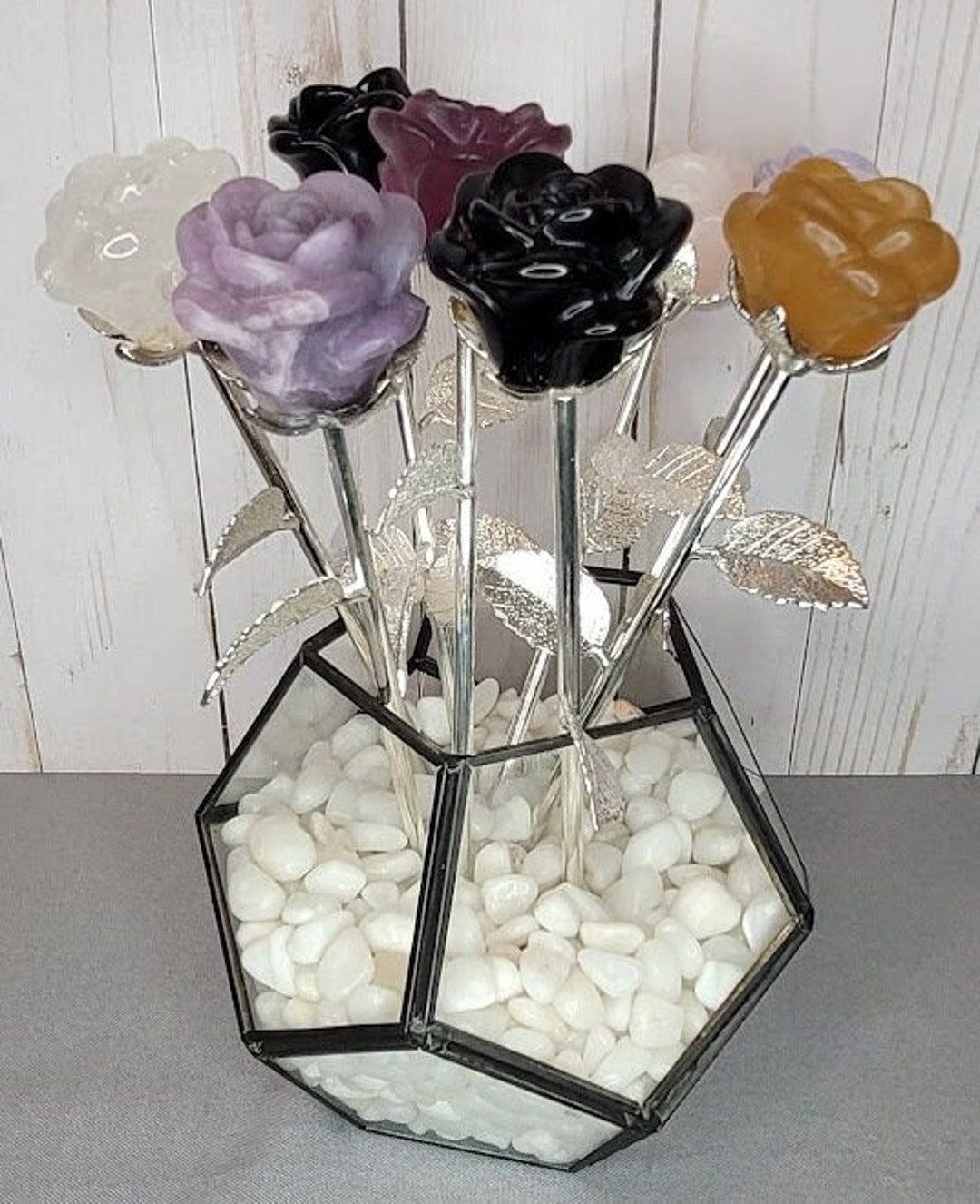 Large Crystal Roses on Silver Stainless Steel Stem. Golden Healer ...