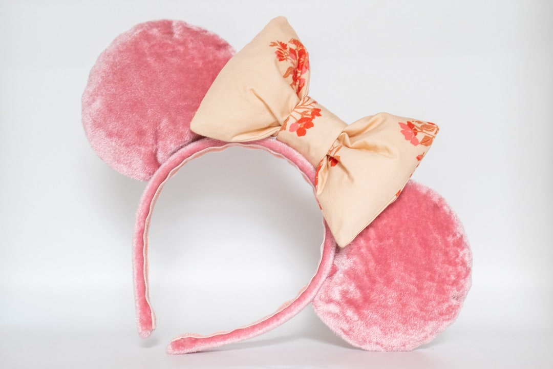 Pink Minnie Ears - Velvet With Cream Floral Oversized Bow - Pink and ...
