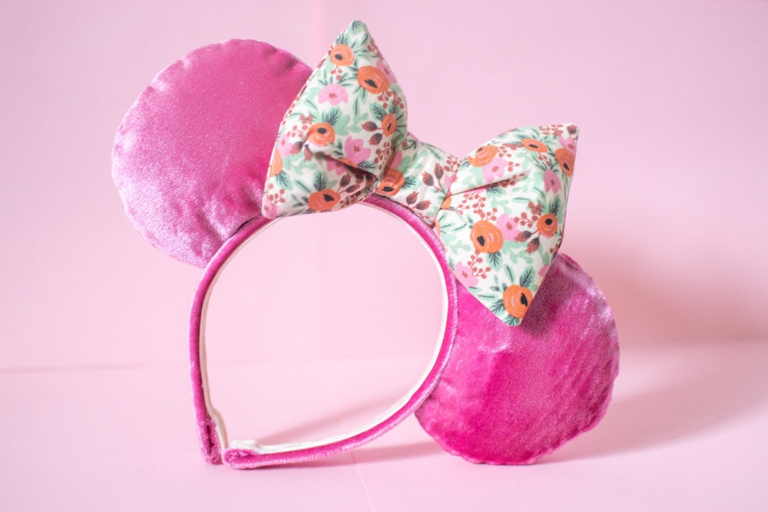 Rifle Paper Minnie Ears With Pink Velvet Ears and Floral Oversized Bow ...