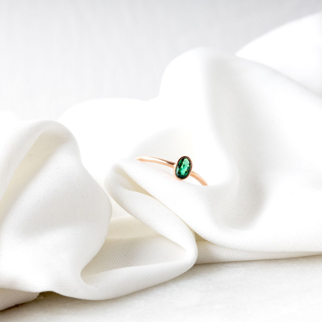 14K Real Gold Ring Green Emerald Ring Real Gold Minimalist Ring Oval ...
