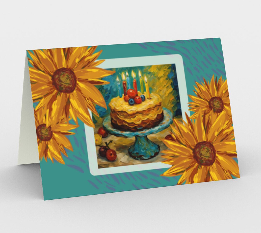 Van Gogh Inspired Birthday Card With Sunflowers and a Cake, Artistic ...