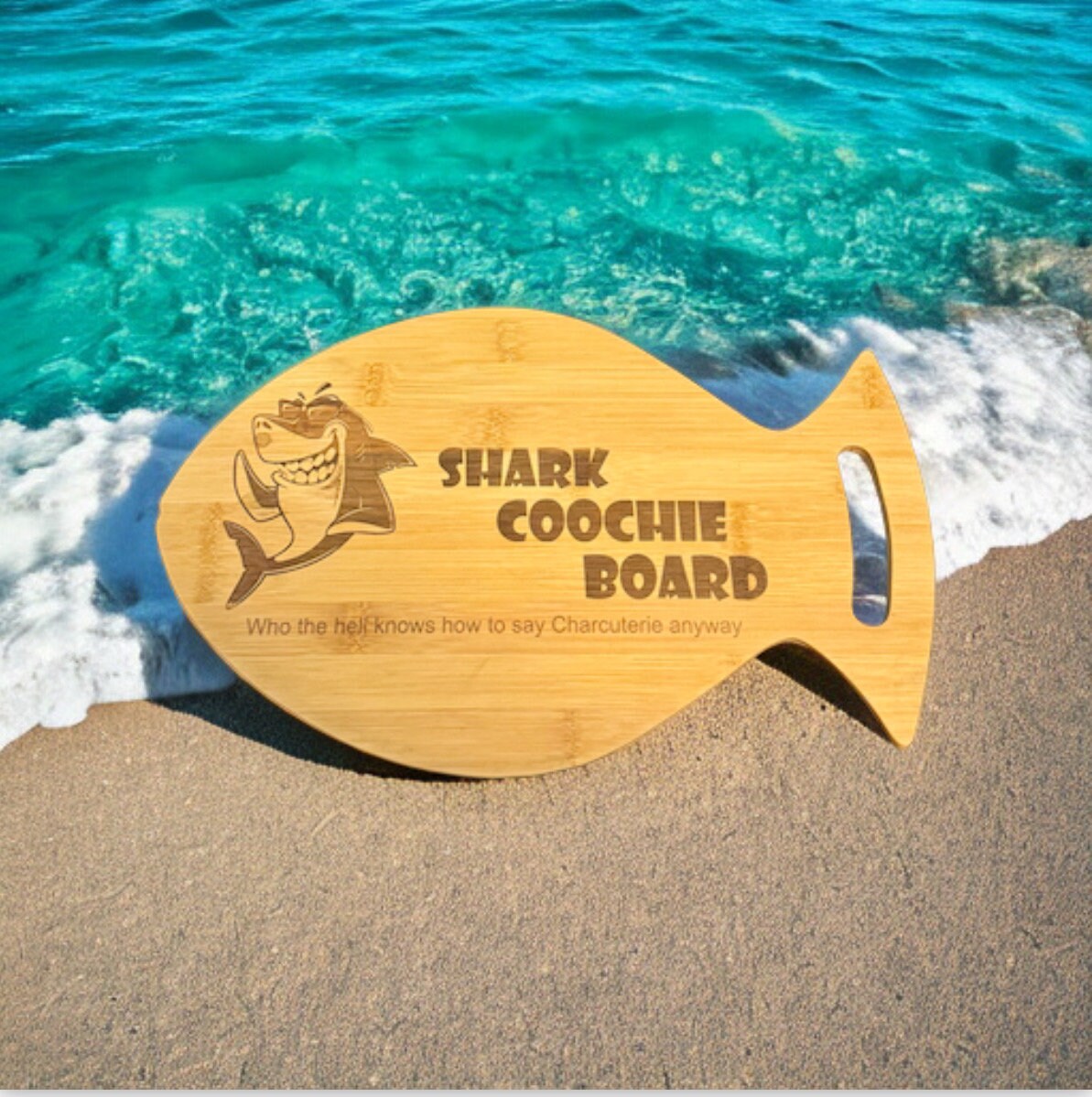 Shark Coochie Board on Fish Shaped Bamboo Cutting Board (charcuterie ...