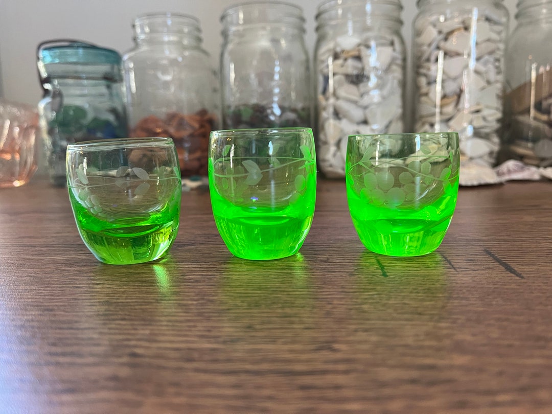Depression Glass Etched Green Shot Glasses - Etsy