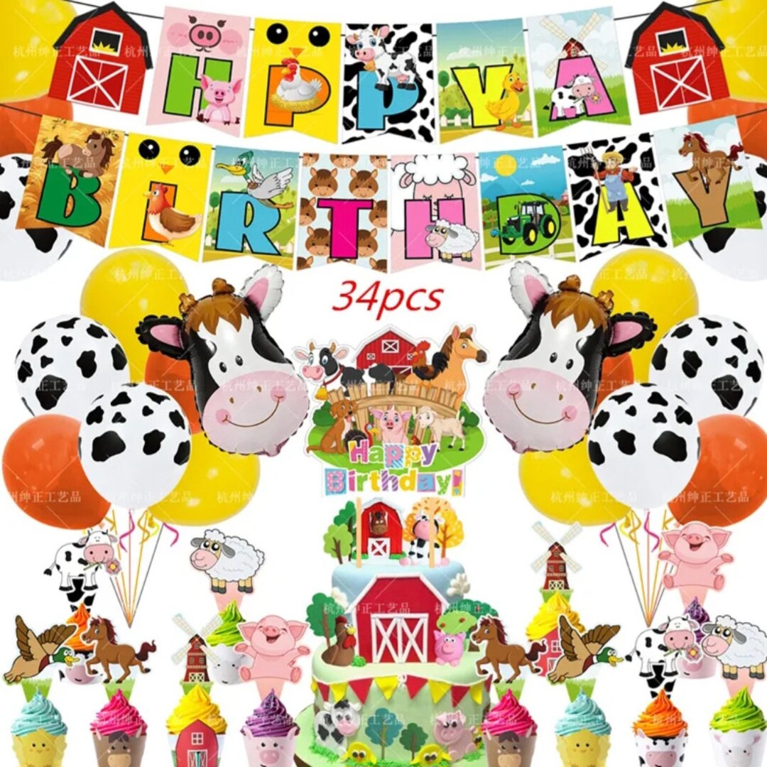 34 Pieces Barn Farm Animal Themed Kid's Birthday Party Set, Diy ...