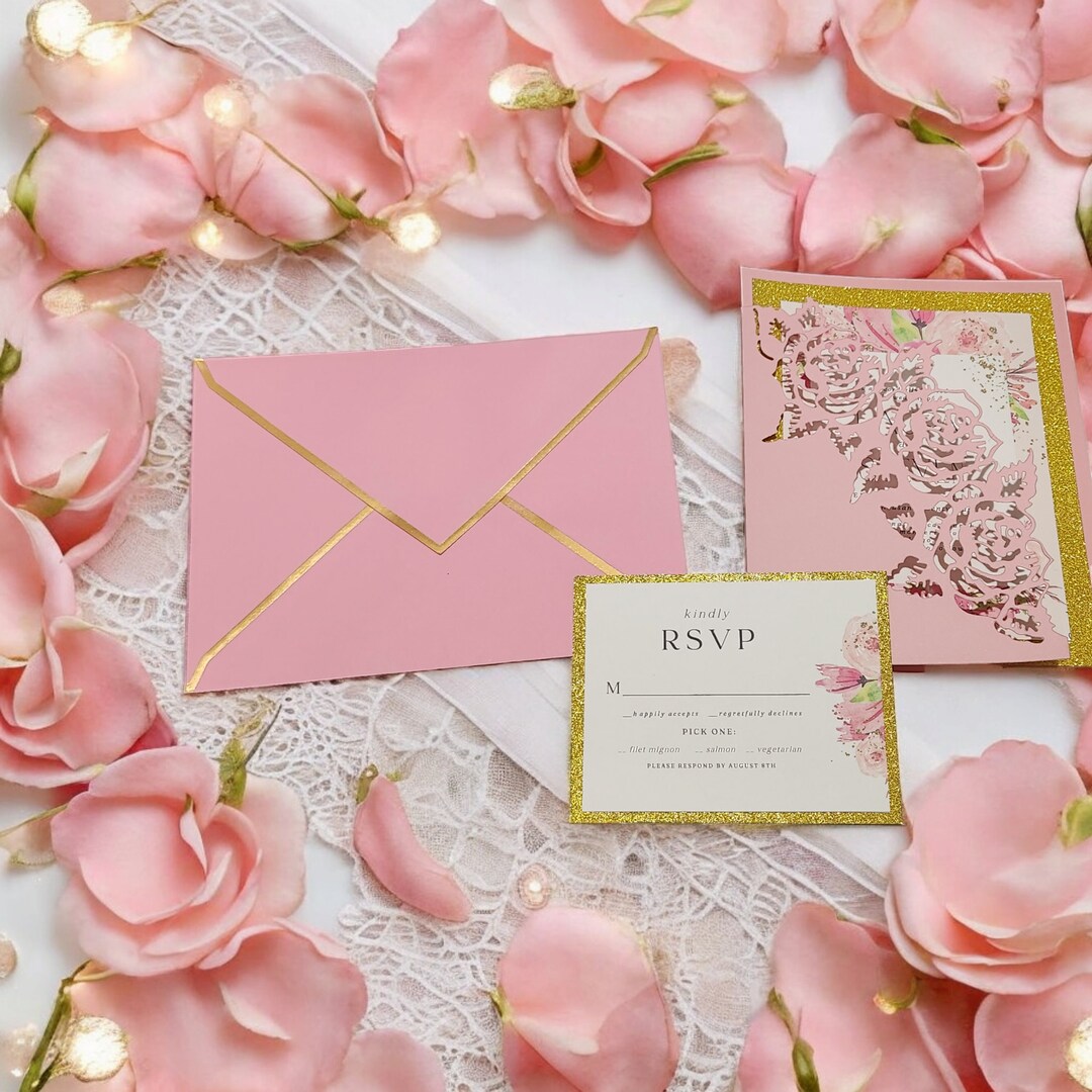 10 Set of Pink and Gold Wedding Invitation Card Set, Wedding Invitation ...