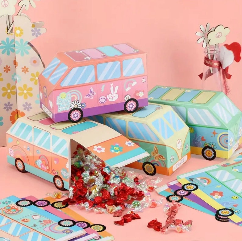 12 Pieces Retro Hippie Goodie Favor Box, Vintage Bus Shaped Favor Box ...