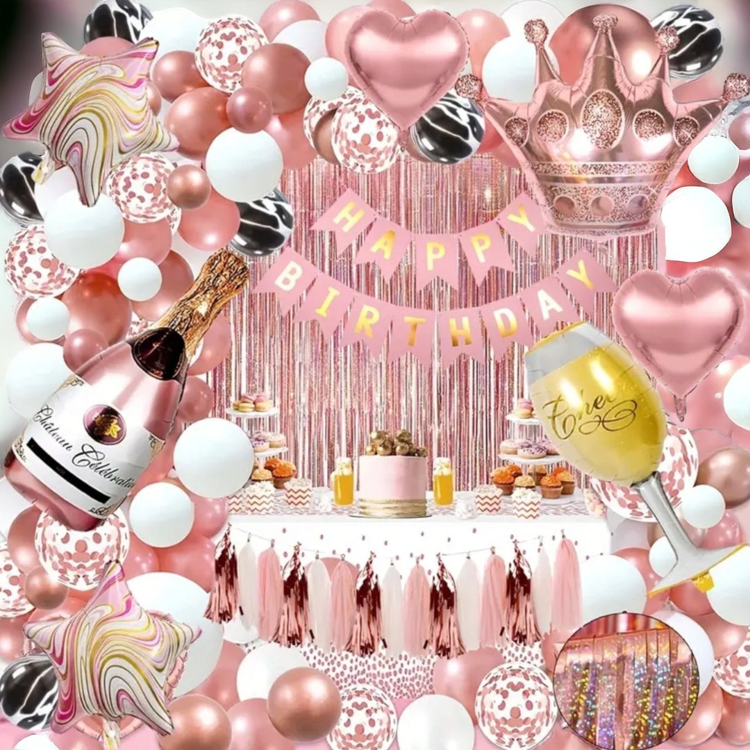 104 Pieces Pink Rose Gold Color Birthday Party Decor Set, Pose Gold ...