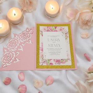 10 Set of Pink and Gold Wedding Invitation Card Set, Wedding Invitation ...