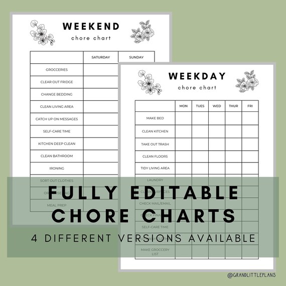 Printable Chore Chart Fully Editable Cleaning Checklist | Etsy