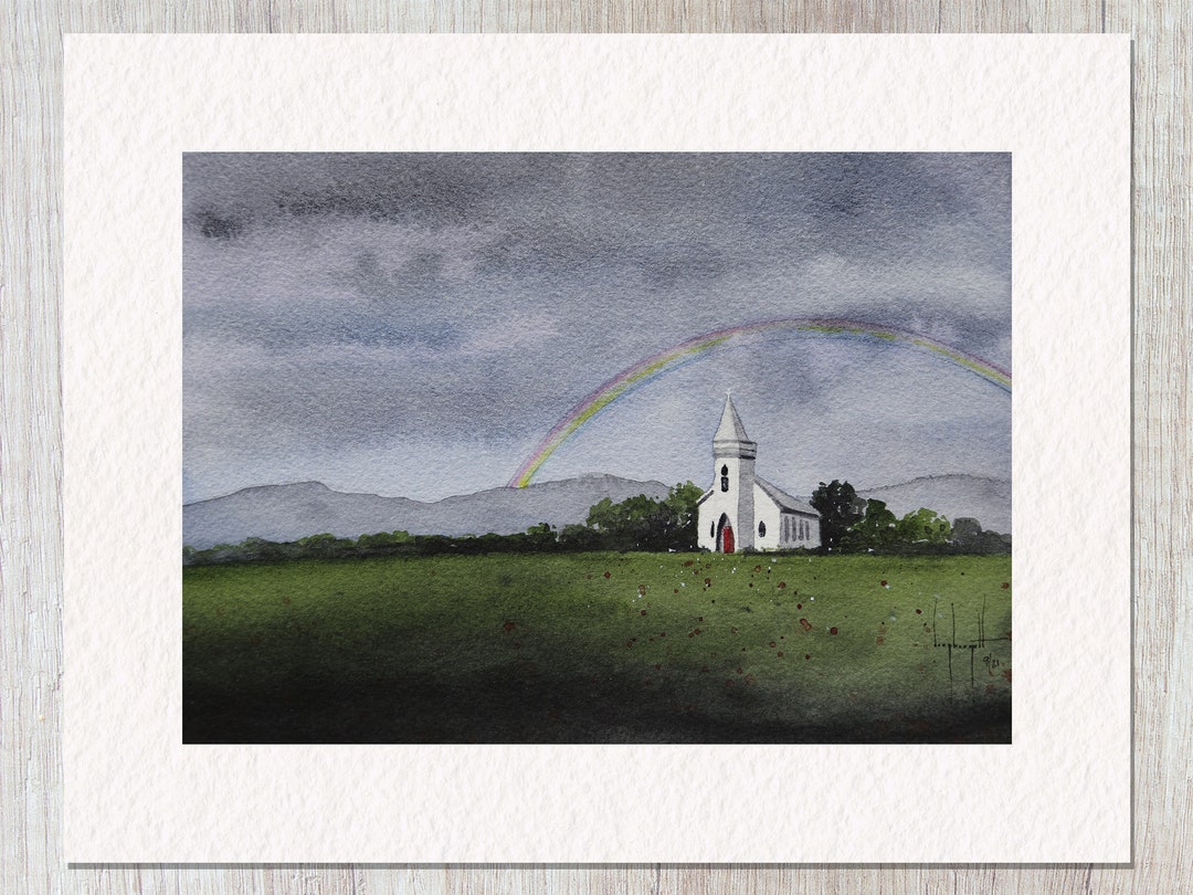Covenant – Art Print of Watercolor Painting, Country Church and Rainbow ...