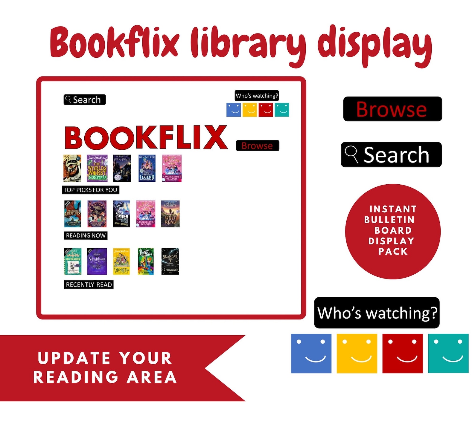 Bookflix Display Pack Reading Corner Classroom Library Reading Area ...