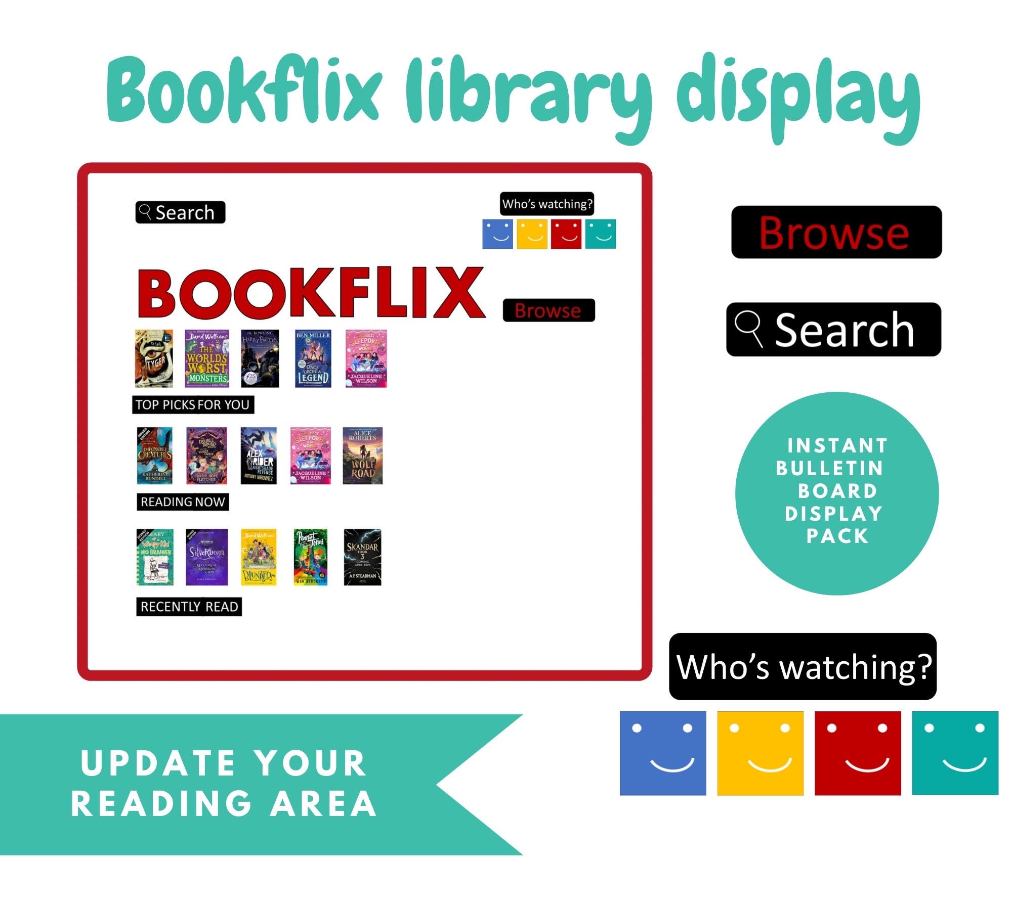 Bookflix Display Pack Reading Corner Classroom Library Reading Area ...