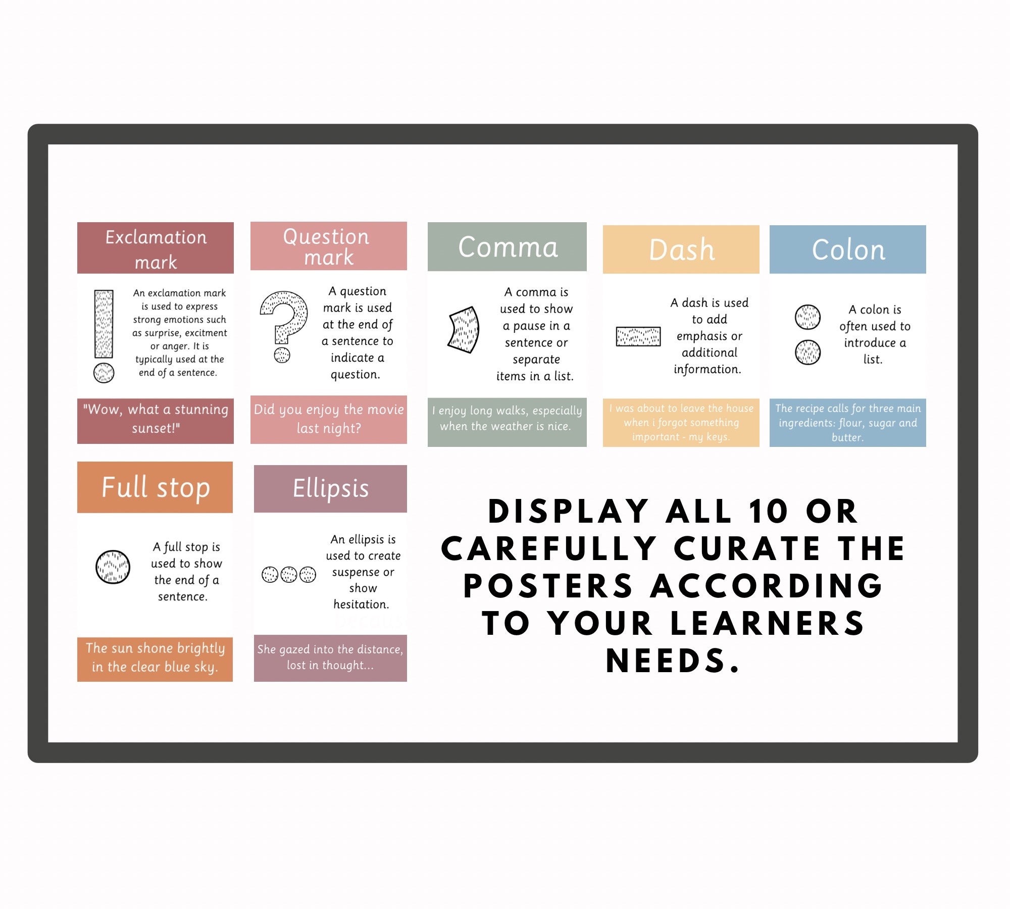 Punctuation Posters Pastel Rainbow Boho Colours Natural Classroom Decor ...