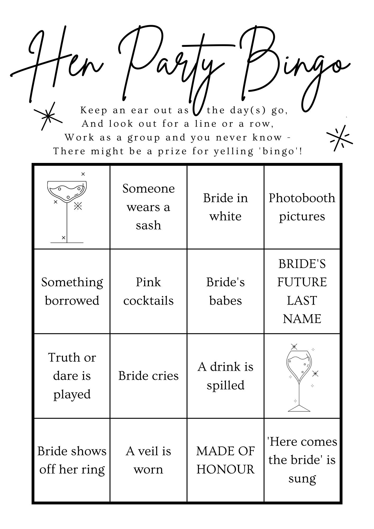 Hen Party Bingo // Digital Download Custom Fun Party Drinking - Etsy UK