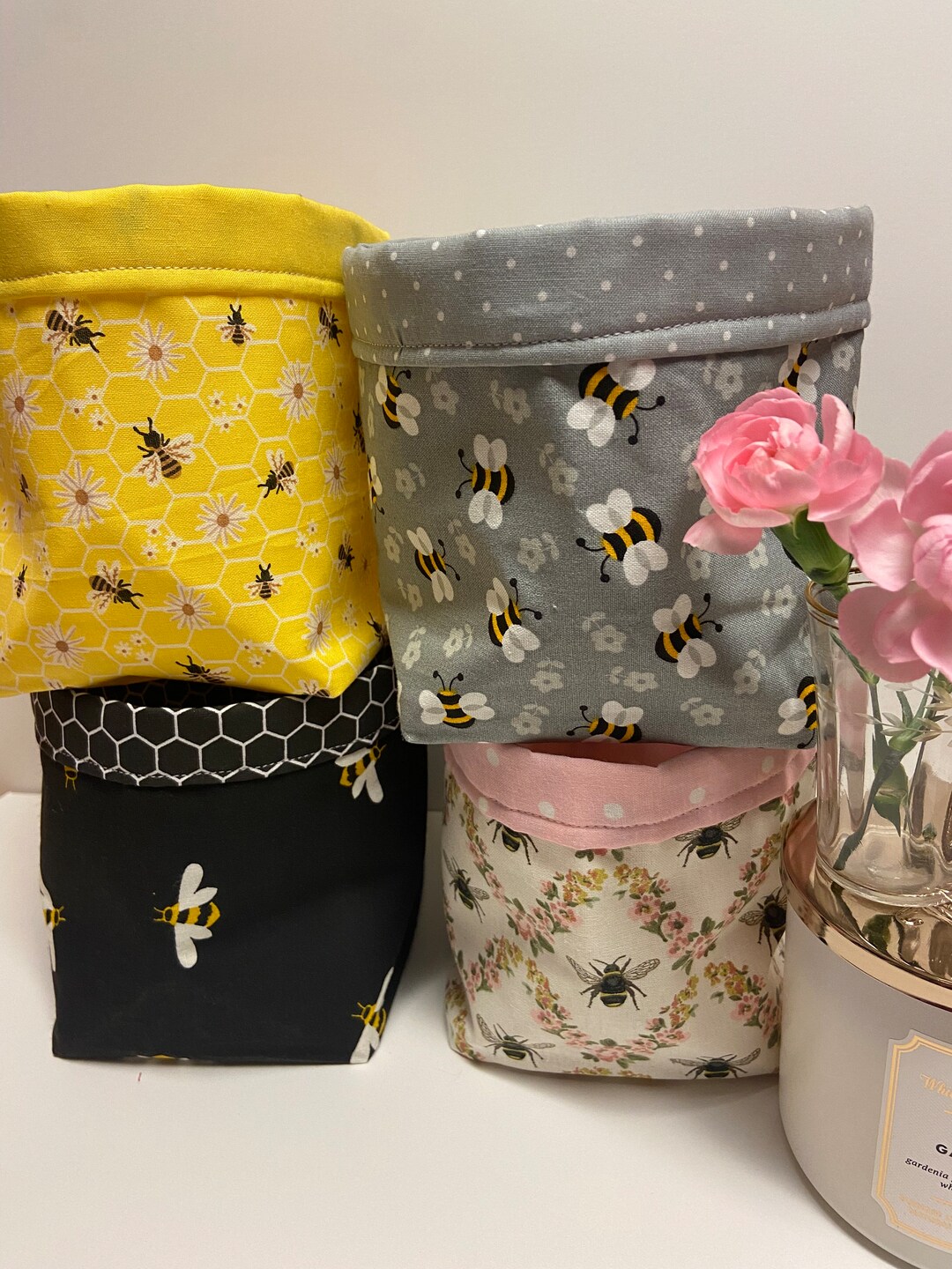 Bumble Bee Fabric Baskets, Storage Container, Home Decor, Reversible ...