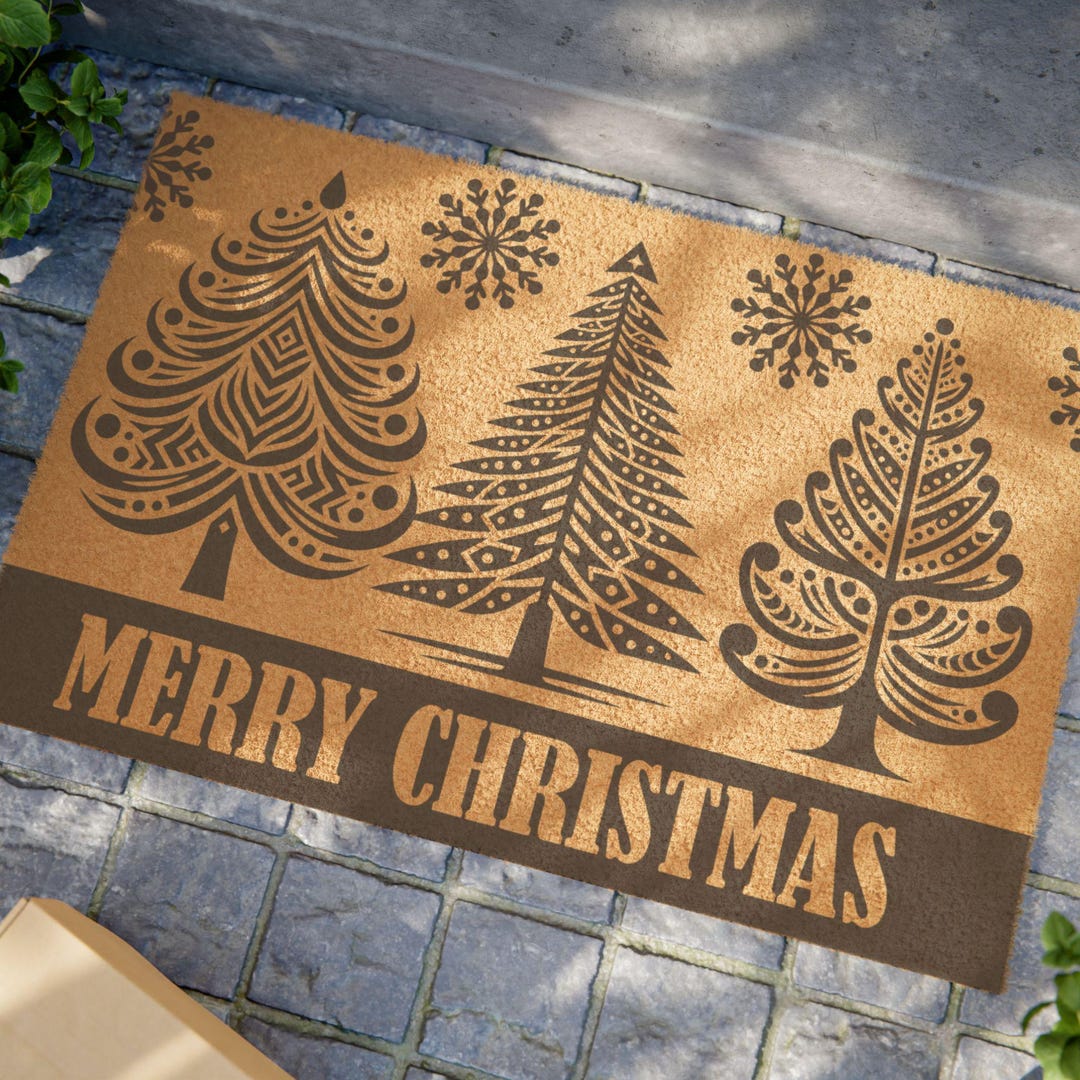 Merry Christmas Trees Coir Doormat Nordic Woodcut Noel Trees Rug ...