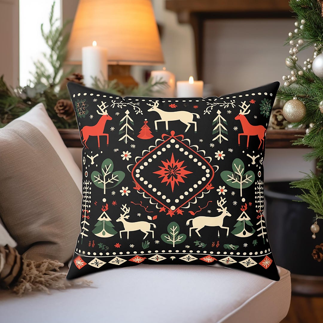 Nordic Forest Deer Square Pillow Scandinavian Folk Art Square Pillow ...