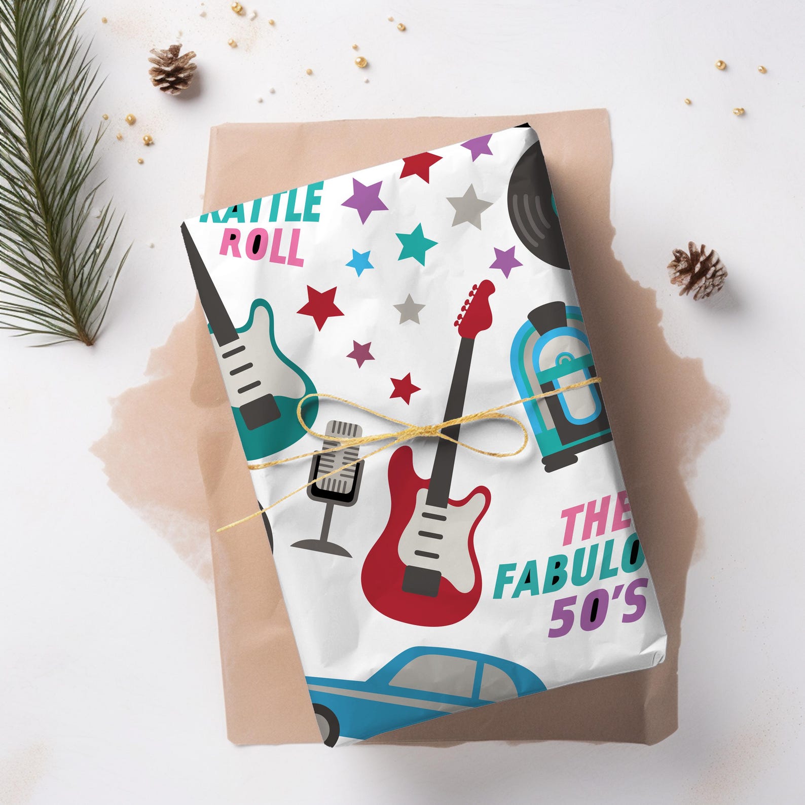 Retro Fifties Gift Wrap Papers | Cool Guitars and Big Cars Gift Wrap ...