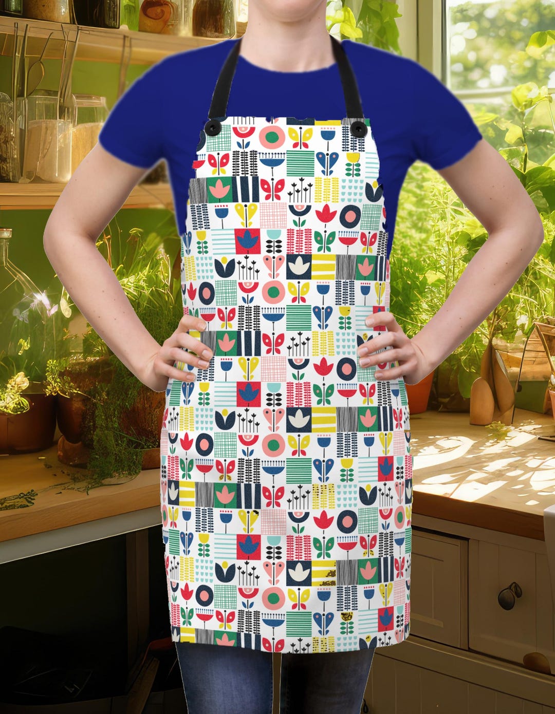 Apron, Swedish Kitchen Print With Flowers and Butterfly - Cooking Grill ...