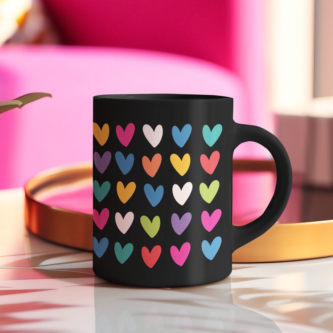 Rainbow Hearts 11oz Black Mug, Allover Hearts Mug, Multicolored Hearts ...